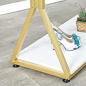 Ethemiable Clothing Store Modern Rolling Clothing Display Stands with Wheels,Storage Shoe Bag Pipe Shelf,Organization Garment Rack,Home Clothes Hanging Shelves（Gold with Wood Board, 47.2" L）