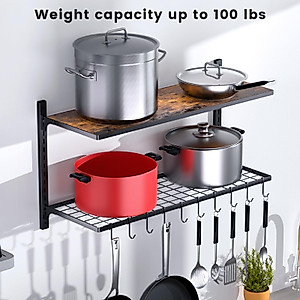 HOYRR Pot Rack Wall Mounted,Pot Hanger,Wall Rack for Pots and Pans,Adjustable Wall Mount Pot Rack,Wall Pot Rack is a Combination of Wood and Iron,Measures 28.7 x 10 x 16 Inches.(With 12 S-hooks)