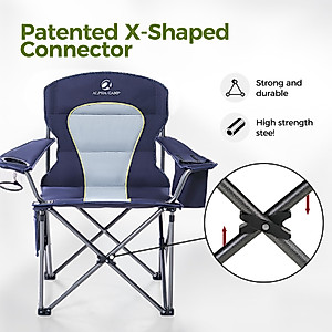 ALPHA CAMP Oversized Camping Folding Chair Heavy Duty Lawn Chair with Cooler Bag Support 450 LBS Steel Frame Collapsible Padded Arm Chair Quad Lumbar Back Chair Portable for Outdoor,Blue