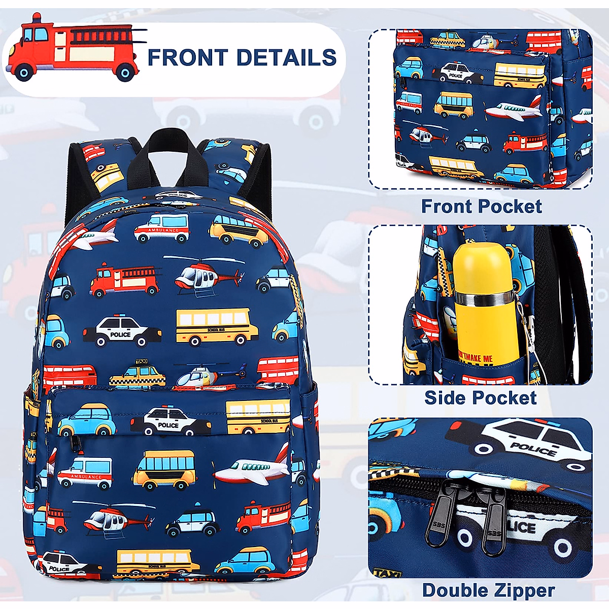 LEDAOU Toddler Kids Backpack for Boys Car Pattern Preschool Kindergarten School Backpack Bookbag School Bag with Chest Strap (Car Airplane)