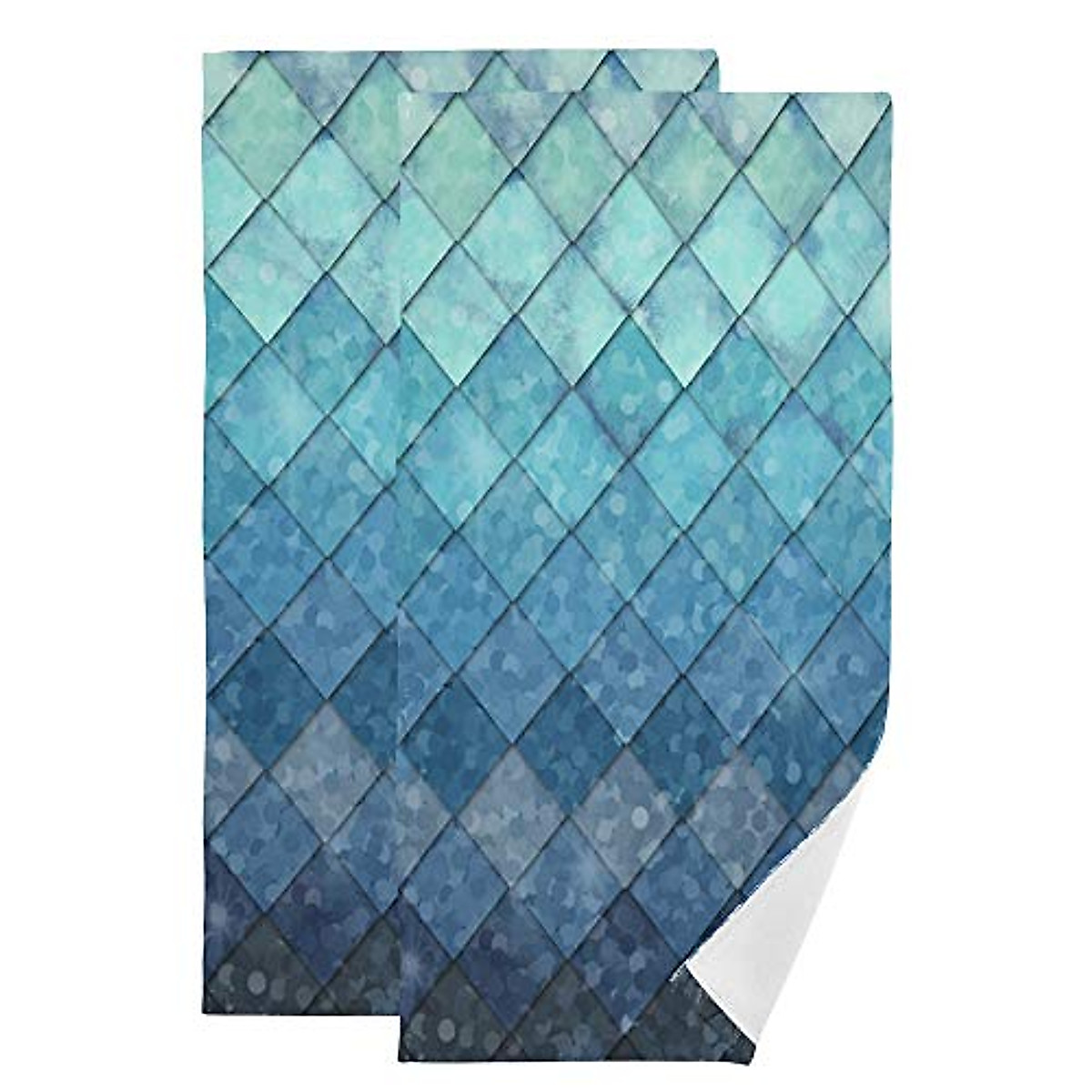 ZOEO Mermaid Face Towel Set of 2, Ocean Blue Teal Mermaid Fish Scales Geometric Rhombus Hand Towel Dish Towels Cotton Bath Decor Set for Kids 30x15 inch Gym Yoga Towels for Mothers Day