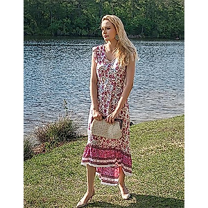 PRETTYGARDEN Summer Dresses for Women 2023 - V Neck Floral High Low Flowy Maxi Dress White