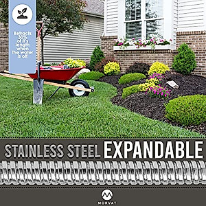 Morvat Stainless Steel Expandable Garden Hose 100 FT, Metal Water Hose Garden hose Water Pipe Flexible Hose ON/OFF Brass Connection, 10 Pattern Hose Sprayer Nozzle, Hose Holder, Washers & Teflon Tape