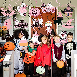 30Pcs Pink Halloween Birthday Party Hanging Swirls Decorations, Cute Pink Ghost Pumpkin Ceiling Hanging Streamers for Pink Halloween Themed Baby Shower Birthday Party Decorations