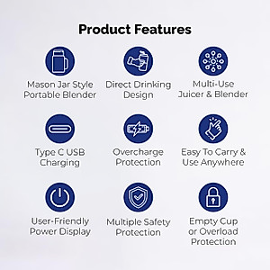 BlendQuik, Personal Portable Blender For Shakes & Smoothies, Leakproof & Stylish Portable Mason Jar Shaker, Rechargeable Mini Blender with 10-Blade Blending System 14oz, Dark Blue