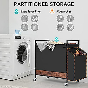 Laundry Hamper with Wheels; 174L Extra Large Rolling Laundry Cart with Removable Liner Bag; Heavy Duty Laundry Basket with Side Pocket; Commercial Laundry Sorter with Metal Frame & Fabric Lid (Black)