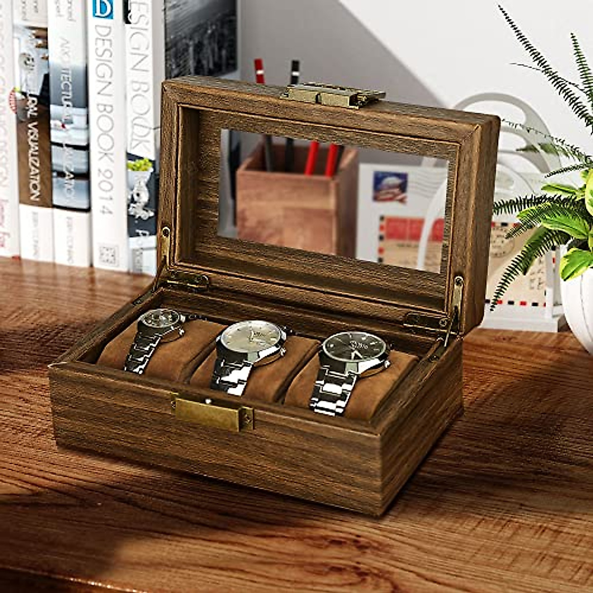 anyasun Watch Box for Men-PU Leather Watch Organizer,3 Slots Watches Display Case Storage Boxes with Glass Lid