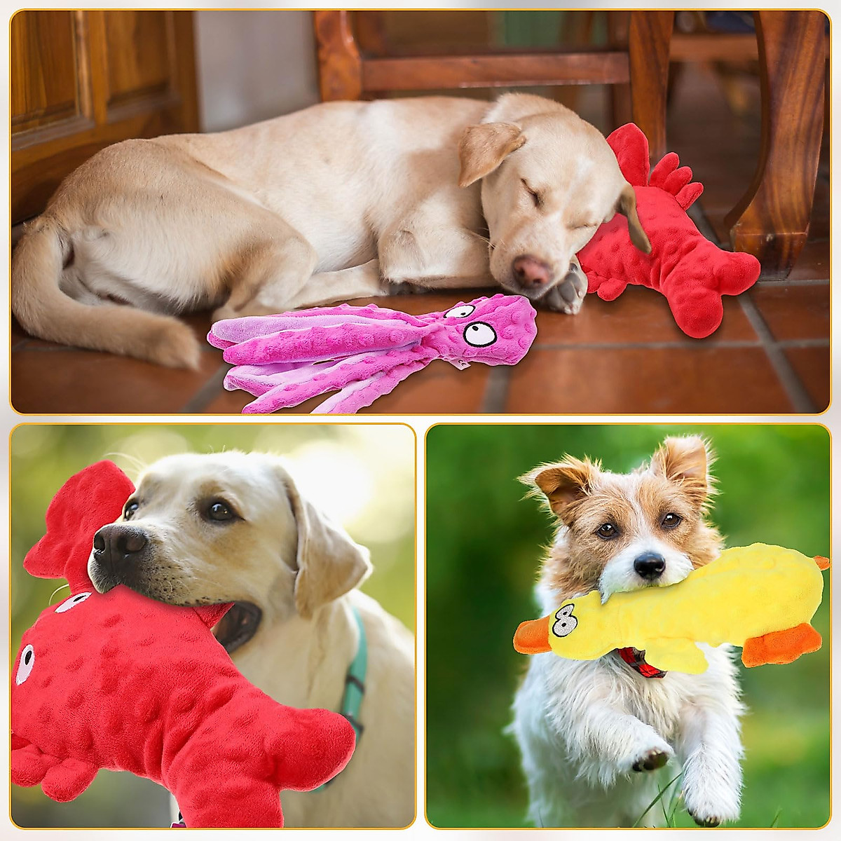Jenaai 3 Pack Dog Squeaky Toys Bulk Large Plush Stuffed Dog Toys Durable Chew Toys Set for Teething Pets Interactive Playing Toys Octopus Lobster Duck Pet Toys for Small Medium Dog Puppy