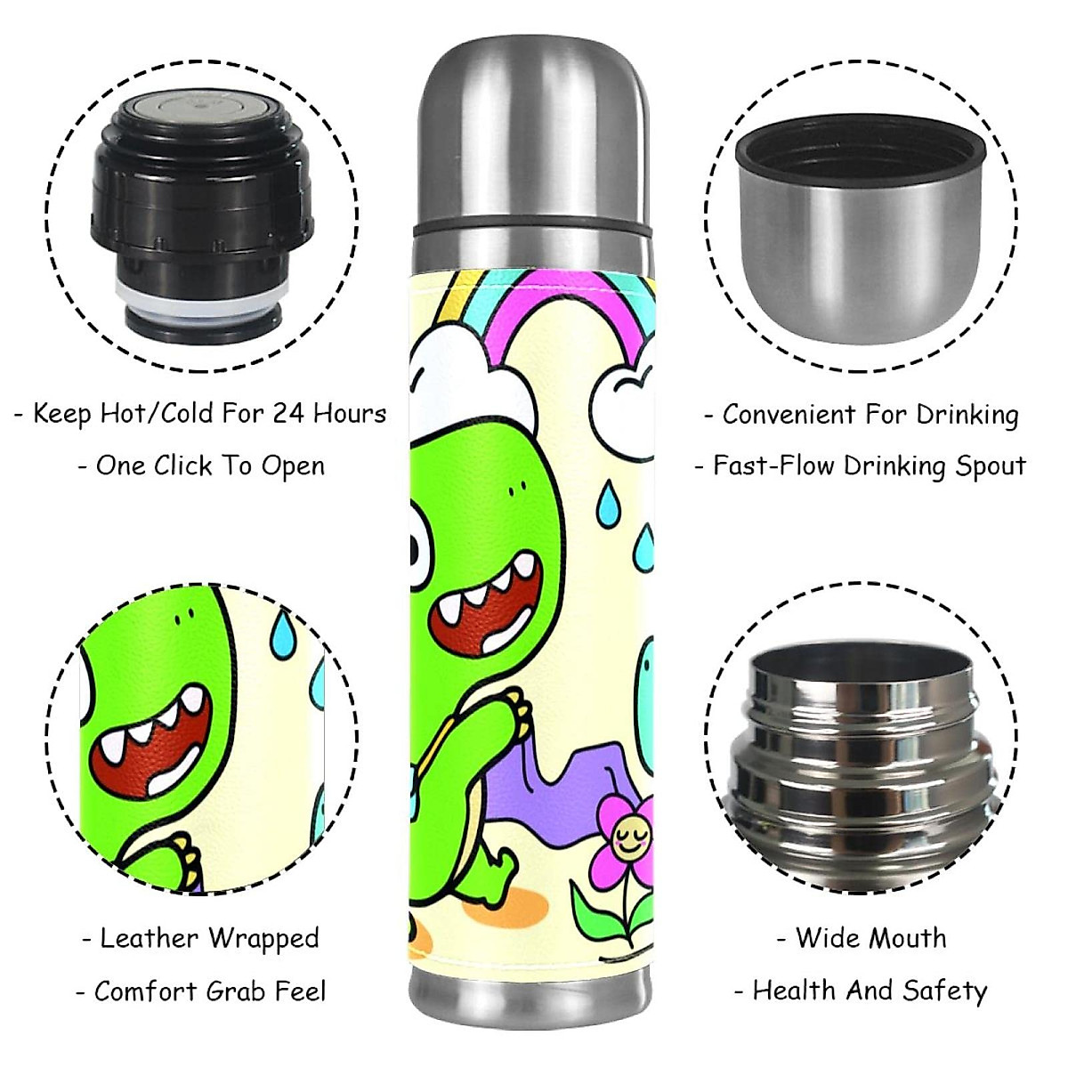 Stainless Steel Leather Vacuum Insulated Mug Dinosaur Thermos Water Bottle for Hot and Cold Drinks Kids Adults 16 Oz