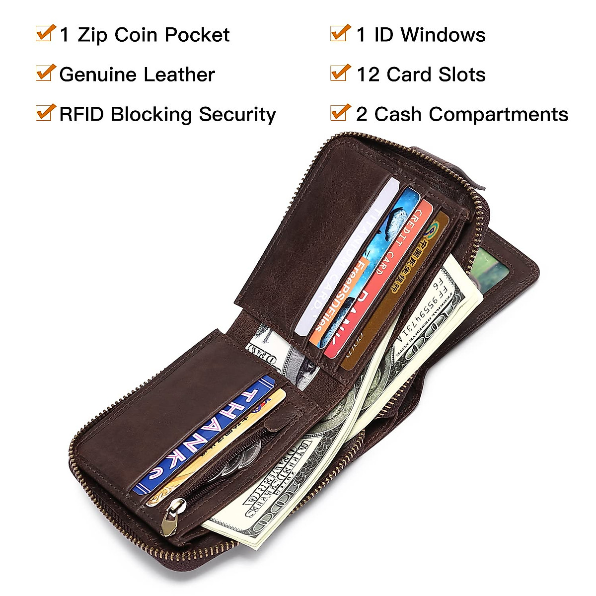 GOIACII Zipper Wallet for Men Genuine Leather RFID Blocking Mens Wallet with Zipper Coin Pocket ID Window Zipper Wallets Large Capacity