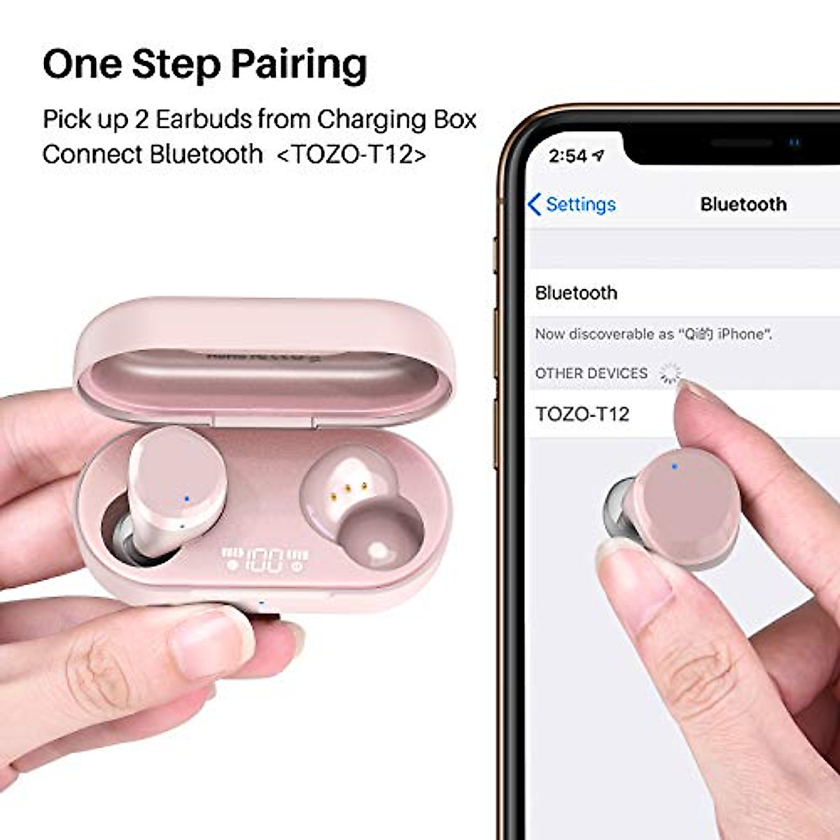 TOZO T12 Wireless Earbuds Bluetooth Headphones Premium Fidelity Sound Quality Wireless Charging Case Digital LED Intelligence Display IPX8 Waterproof Earphones Built-in Mic Headset for Sport Rose-Gold