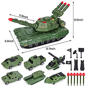 Tank Toys for 3 4 5 6 7 8 Year Old Boys - Army Toys Tank with 6PCS Alloy Die-Cast Army Vehicles, Kids Military Tank with Light, Sound & Missiles Shooting, Christmas Birthday Gift for Kids