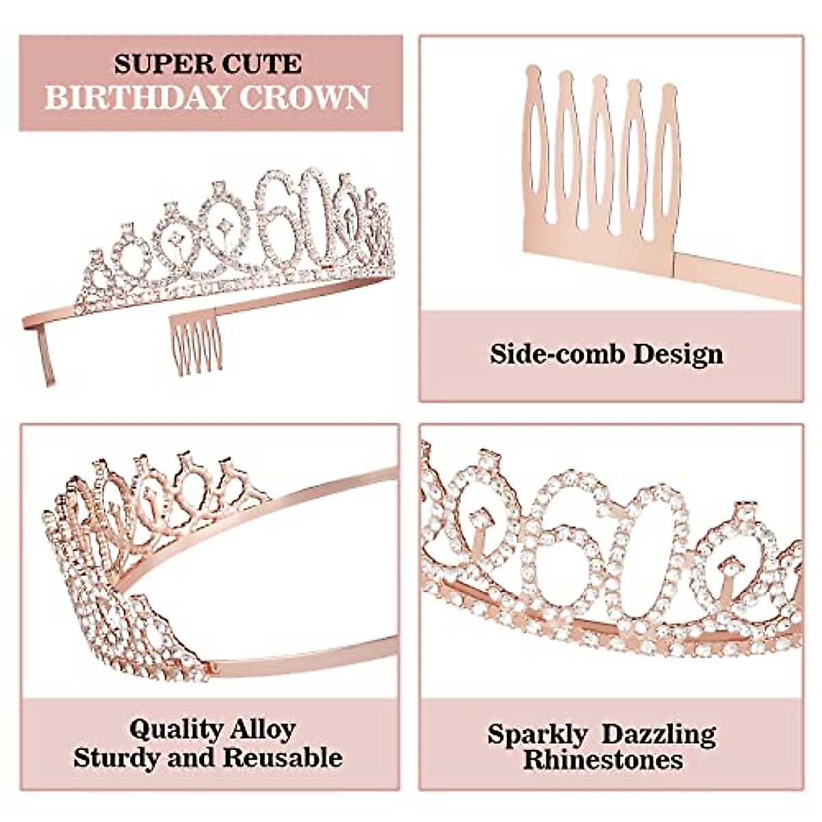 60th Birthday Decorations Women, Including 60th Birthday Crown/Tiara, Sash, Cake Topper and Candles, 60th Birthday Gifts for women