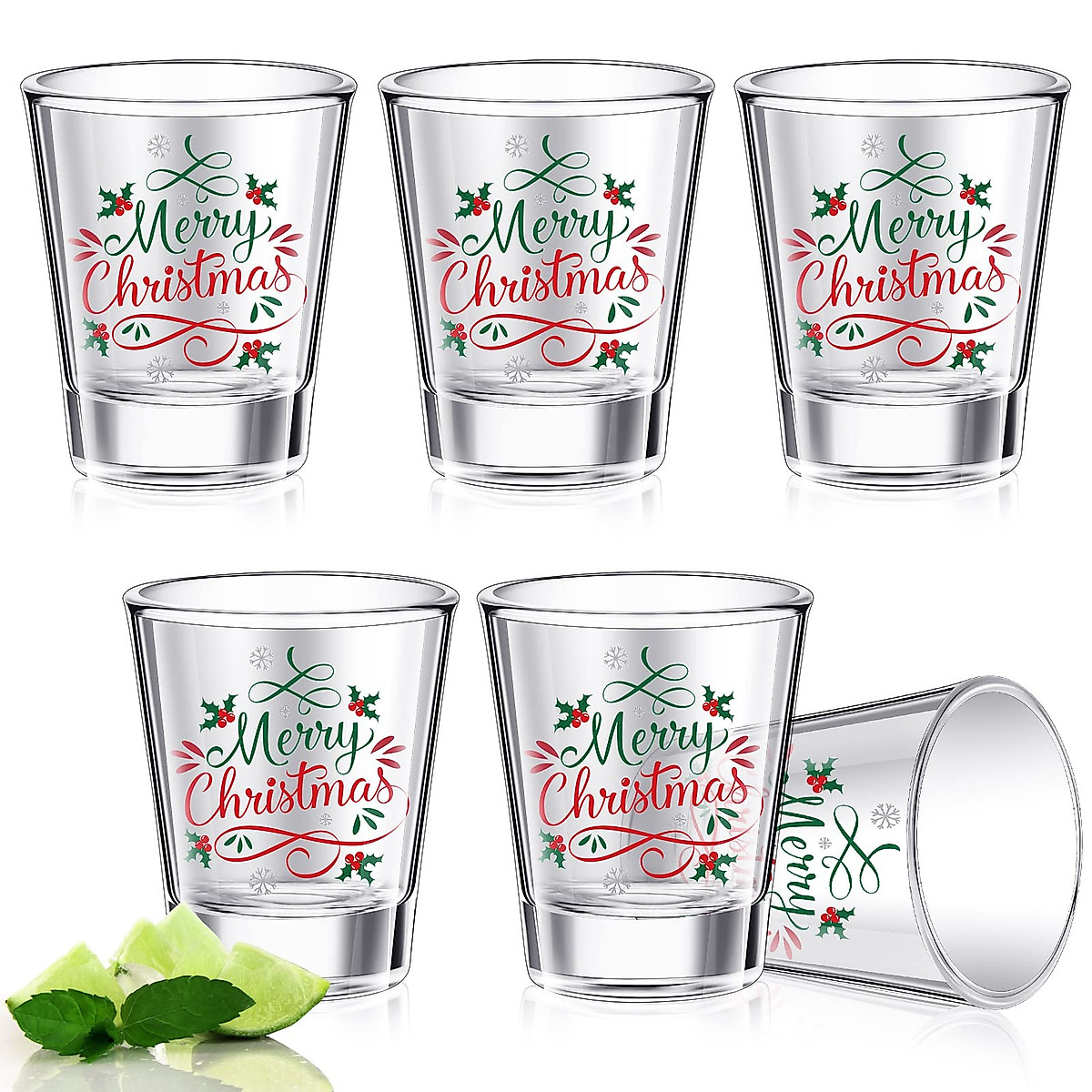 Lounsweer 6 Pcs Merry Christmas Shot Glass Set 2 oz Clear Holiday Cocktail Glasses Funny Shot Glasses Bulk, Cool Shot Cups with Weighty Base for Christmas Party Decoration Whiskey Drinkware Supply