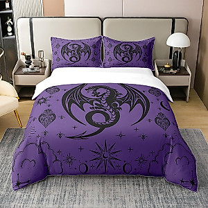 100% Cotton Dragon Duvet Cover Sun Moon Stars Exotic Style Decor Bedding Set for Kids Teens Adults Black Purple Wild Animal Silhouette Decor Comforter Cover,2 Pillowcases(No Comforter) King Size 3 Pcs