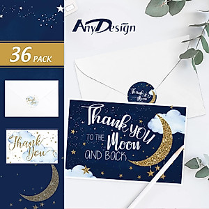 AnyDesign 36 Pack Stars Thank You Greeting Cards with Envelopes Matching Seal Stickers Blue Starry Delight Blank Note Cards Twinkle Moon Event Stationery for Baby Shower Birthday Supplies
