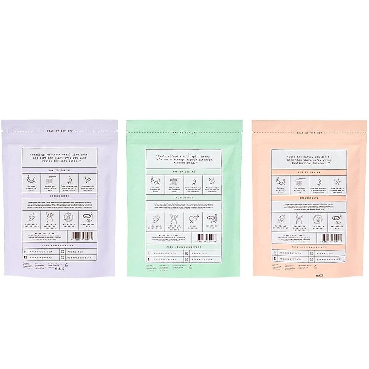 Frank Body Scrub Variety Pack | Natural, Vegan, Cruelty Free Exfoliating Body Scrub | Includes Original Coffee, Cacao, & Coconut Coffee Scrubs | 3 x 7.05 oz / 200 g