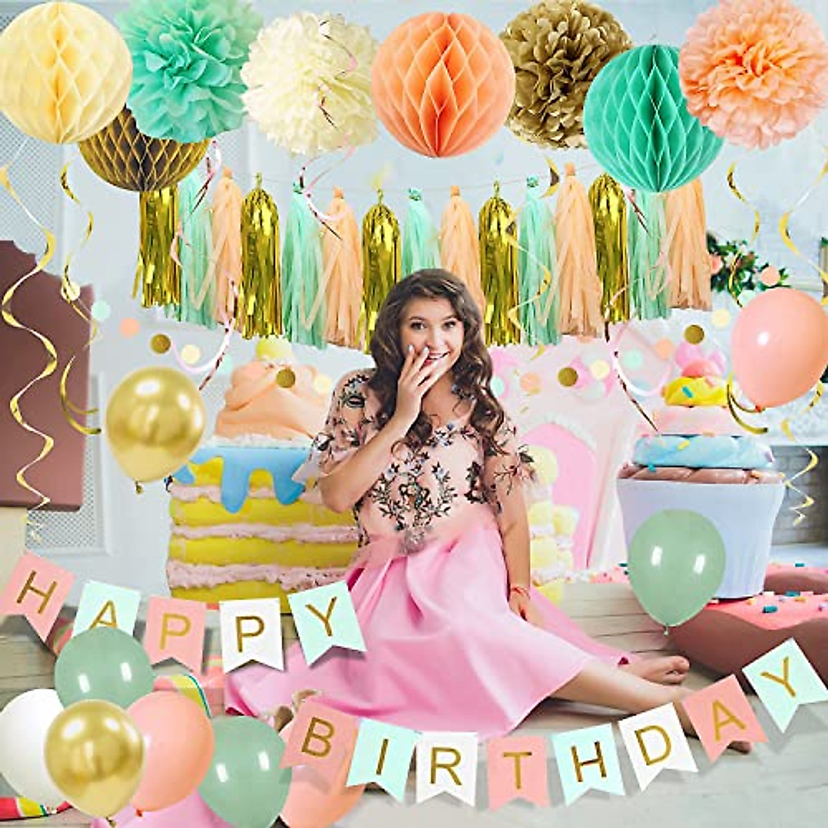 Birthday Party Decorations for Girls Women Her with Happy Birthday Banner,Honeycomb ball,Circle Dots Garland,Hanging Swirls Paper Pompoms,Paper Tassels Garland for Mint Green Gold Peach Birthday Decor