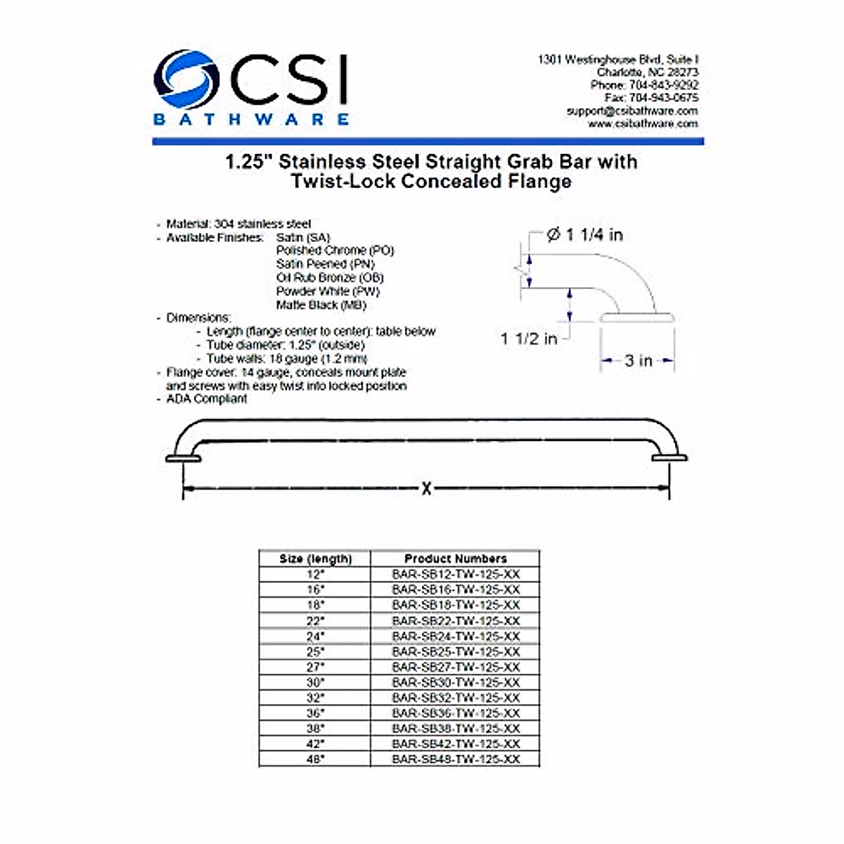 CSI Bathware BAR-SB24-TW-125-OB Straight Grab Bar, 24-inch, Oil Rubbed Bronze
