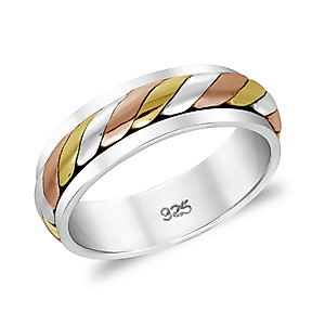 AeraVida Everyday Single Braid Tri Color Tone .925 Sterling Silver Band Ring (7) | Elegant Band Ring for Women | Fashion Jewelry