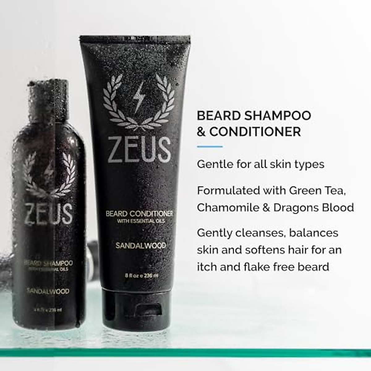 ZEUS Everyday Beard Care Kit with Refined Beard Oil – Shampoo & Conditioner Wash, Refined Oil & Beard Balm (Made in USA) Sandalwood