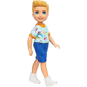 Barbie Chelsea Doll, Small Boy Doll Wearing Removable One-Piece with Dinosaur Print & White Shoes, Blond Hair & Blue Eyes