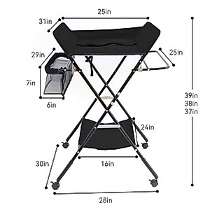 Baby Changing Table Portable Folding Diaper Changing Station with Wheels, Adjustable Height Mobile Nursery Organizer with Safety Belt and 2 Large Storage Racks for Newborn Baby Infant (Black)