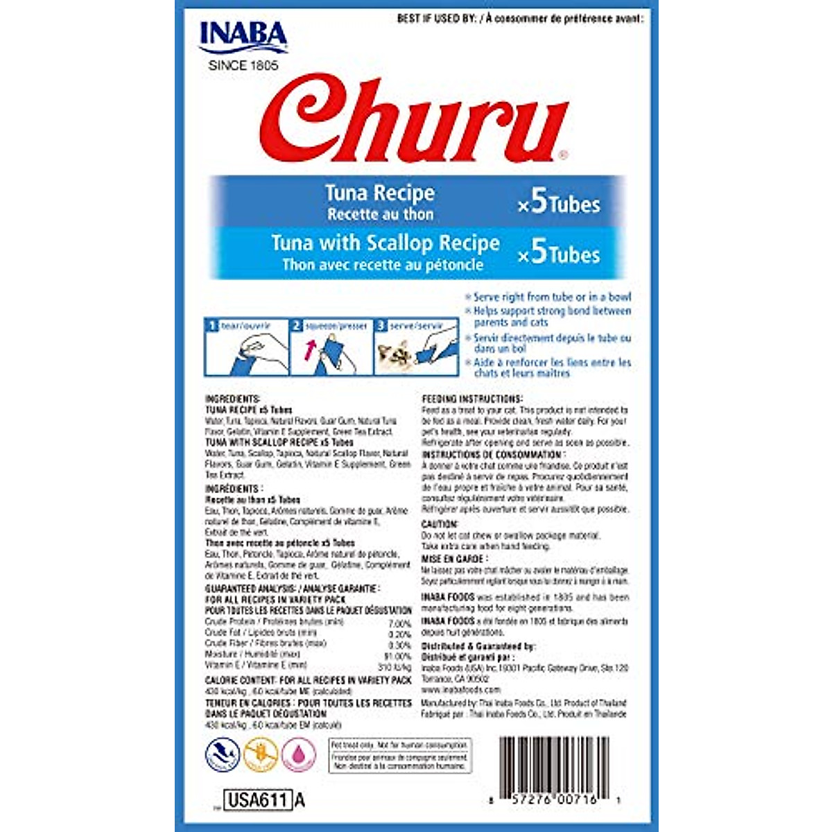 INABA Churu Cat Treats, Grain-Free, Lickable, Squeezable Creamy Purée Cat Treat/Topper with Vitamin E & Taurine, 0.5 Ounces Each Tube, 10 Tubes Total/Two Flavors, Tuna Variety