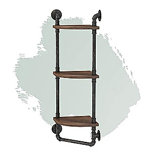 MCleanPin Industrial Pipe Corner Shelving,Rustic Corner Shelf Wall Mount, Corner Floating Shelf 3-Tiers Bathroom Pipe Shelves,Industrial Pipe Wood Shelves