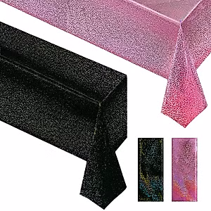 2 pcs Pink & Black Holographic Laser Tablecloth 40" x 108" Party Table Cloth Shimmer Shining Plastic Metallic Table Cover for Pink Halloween Decor Girls Baby Shower Birthday Party Supplies