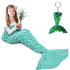 AmyHomie Mermaid Tail Blanket, Soft Crochet Sleeping Bag Blanket for Kids Adults, Mermaid Gift for Girls(ScaleMint,Kids)