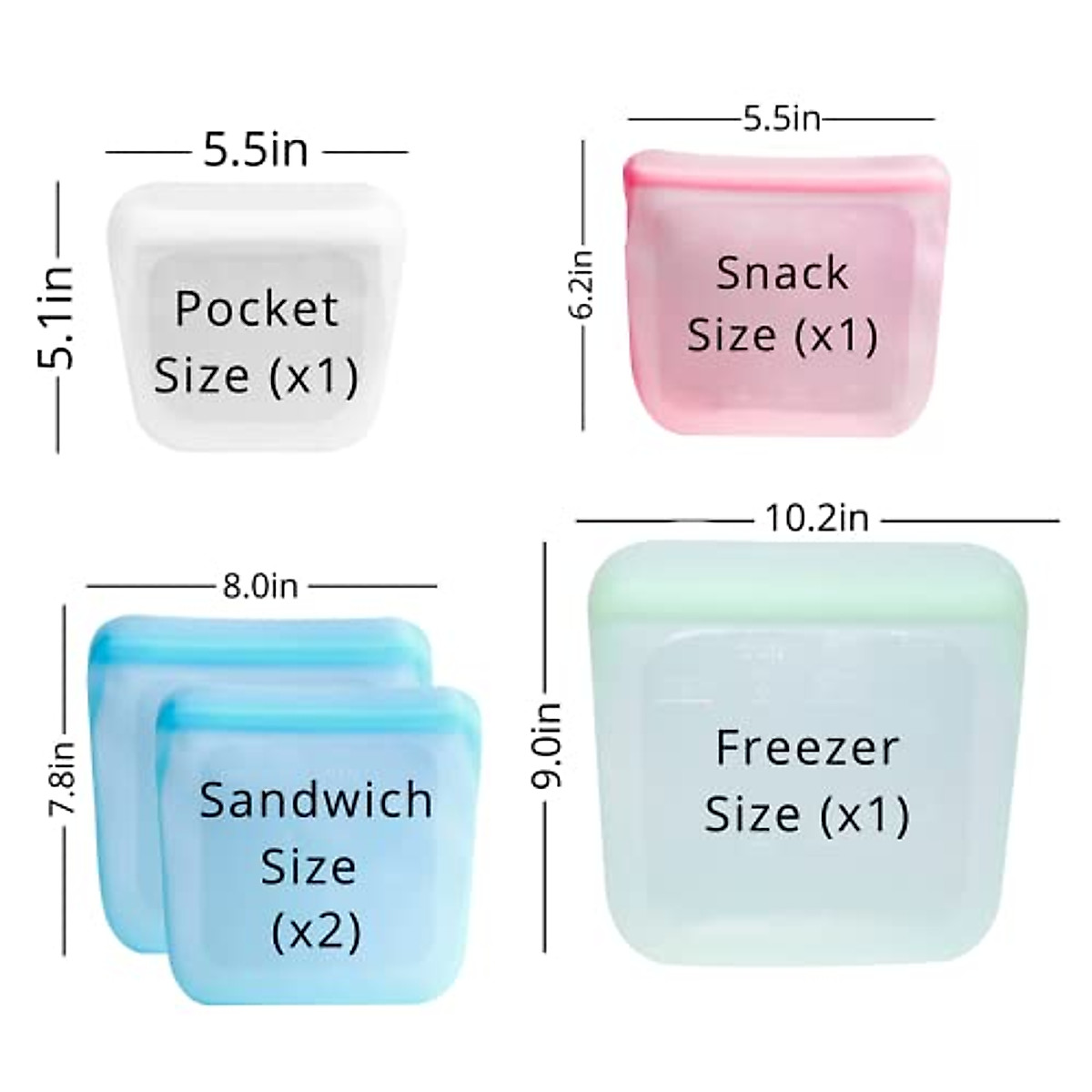 [5 Pack] Reusable Ziplock Bags Silicone Food Storage Containers | Microwave, Freezer & Dishwasher Safe | Meal Prep Containers Reusable Kitchen Locking Leak Proof Sealing Kitchen Gadgets (Multicolor)