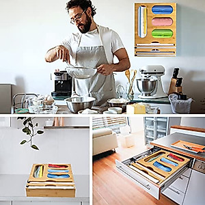 Hisrdomz Ziplock Bag Organizer with Dispensers & Cutters | 6 in 1 Bamboo Drawer Organizer for Ziplock Bags,Suitable for Gallon, Quart, Sandwich & Snack Bag, Cling Film, Aluminum Foil