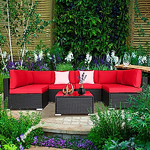 Excited Work 7 PCs Outdoor Patio Furniture Sets PE Rattan Wicker Sofa Sectional Furniture Set with 2 Pillows and Tea Table (Red)