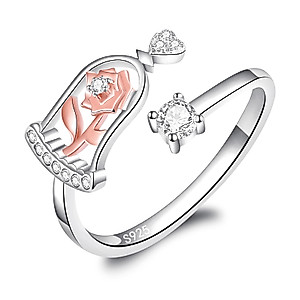 JXJL Woman Ring Adjustable Silver Jewelry Beauty Beast Rose Flower Cute Open Finger Rings Gifts for Valentines Day Mothers Day X'mas Birthday for Women