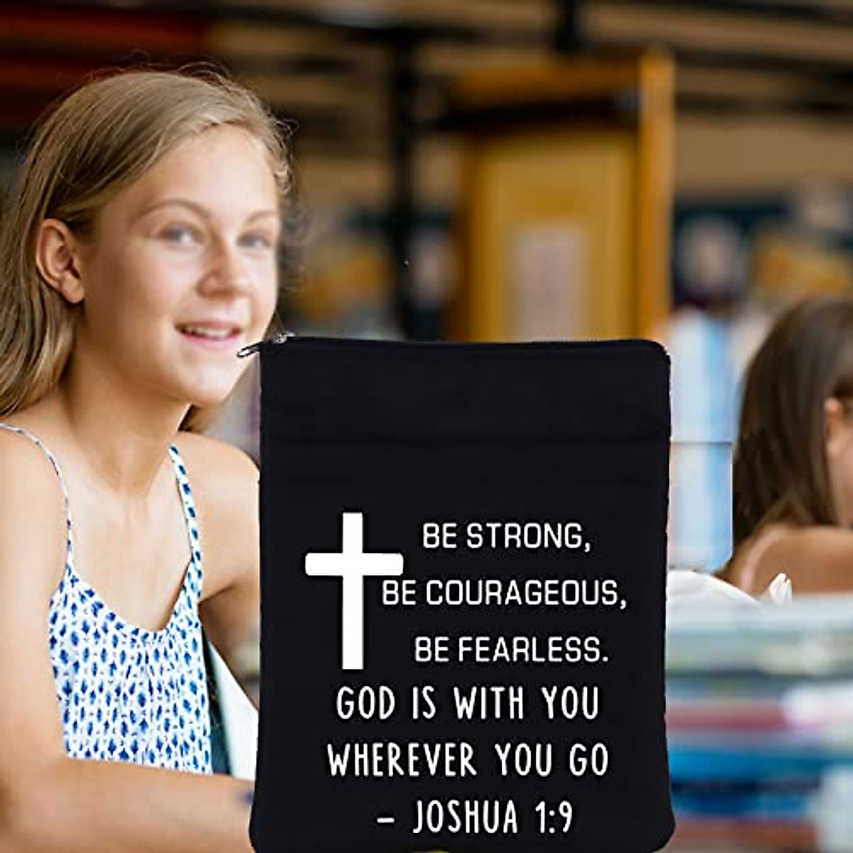 LQRI Joshua 1:9 Bible Verse Scripture Book Sleeve Christian Gift Religious Faith Bible Cover Book Protector Book Zipper Pouch (Joshua 1:9 Black Books)