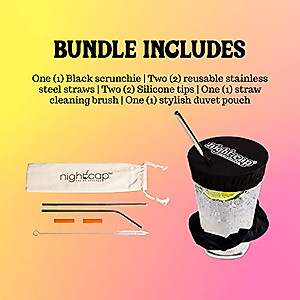 NightCap Drink Cover Scrunchie and Straw Kit Bundle - The Drink Spiking Prevention Scrunchie As Seen on Shark Tank with 2 Stainless Steel Straws, Straw Brush, 2 Silicone Tips, & Stylish Duvet Pouch