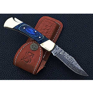 Smart & Sharp Custom Handmade Damascus Steel Folding Knife/Pocket Knife AR-17395 (Blue Colored wood) (blue)