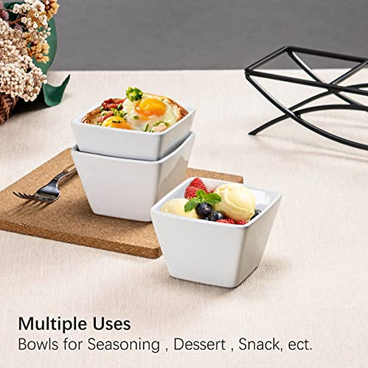 UNICASA Square Ramekin Bowls 10 oz, Condiment Serving Tray with Metal Rack Stand - Chips and Dips Snack Tray for Party - White Side Dish for Appetizer, Fruit, Nuts, Ice Cream, Candy