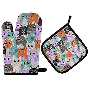 Oven Mitts Pot Holders Sets - Cute Cats for Kids Oven Gloves Hot Pads Non-Slip Potholders for Kitchen Cooking Baking BBQ