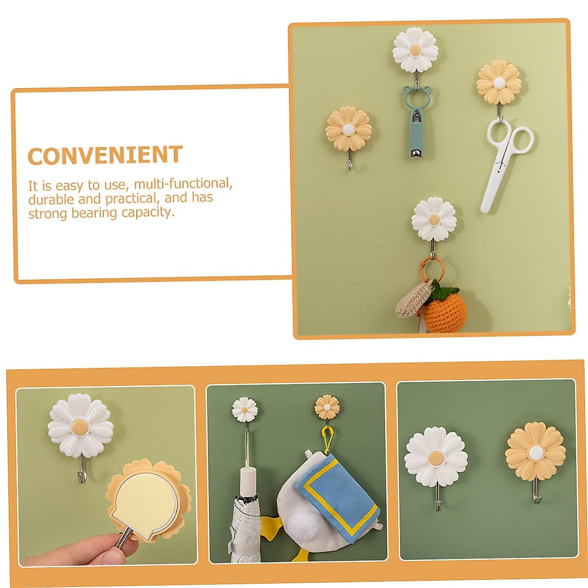 Parliky 4Pcs Decorative Daisy Adhesive Wall Hooks Strongly Adhesive Punch Hangers for Clothes Hats Towels Cute Wall Mounts for Home Decor