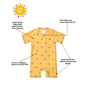 Cadocado Girl Short Sleeve Rash Guard Shirts One Piece Swimsuit UPF 50+ Sun Protection Swimwear,Yellow Print,2-3 Years
