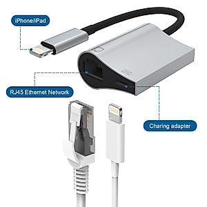 [Apple MFi Certified] 2 in 1 RJ45 Ethernet LAN Network Adapter, Lightning to RJ45 Ethernet Adapter with Charge Port Compatible with iPhone/iPad/iPod, Plug and Play, Supports 100Mbps Ethernet Network