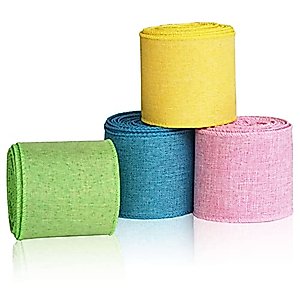 Cintago 4 Rolls Easter Ribbon Wired, Burlap Pastel Easter Ribbon, Wired Ribbon for Easter Wreath Decor, Pink, Yellow, Blue and Green, 2 1/2 inches, 24 Yards