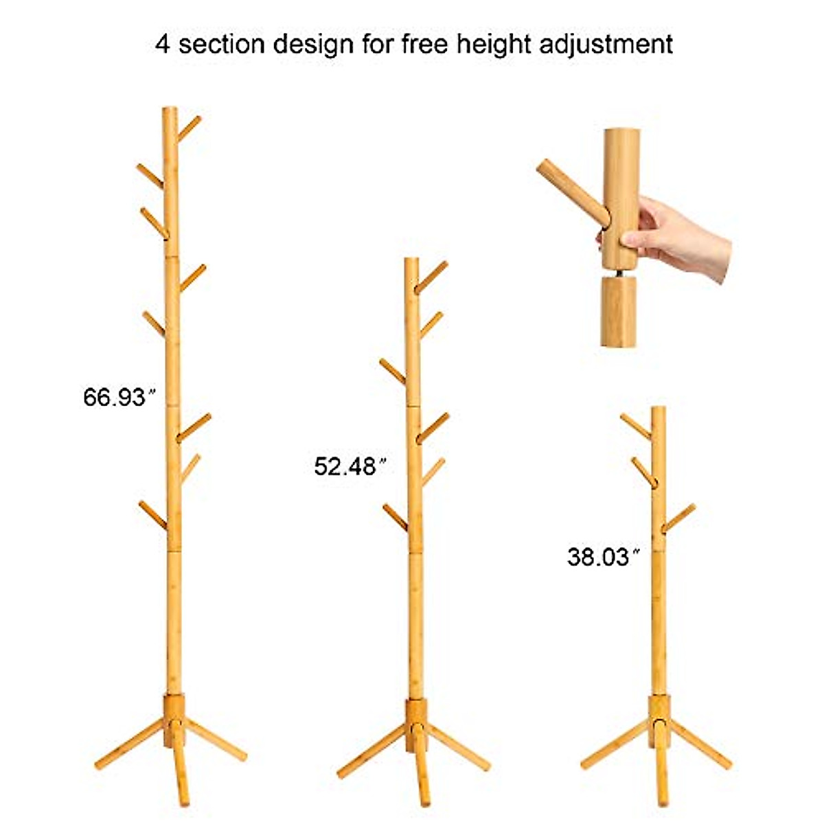 C&AHOME Bamboo Coat Rack Stand with 8 Hooks, Wooden Coat Tree Adjustable Sizes, Entryway Hall Tree Free Standing Coat Hanger Stand for Hat, Bag, Clothes, Jacket, Natural