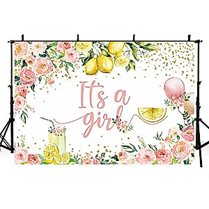 AIBIIN 7x5ft Lemon Baby Shower Backdrop It's A Girl Pink Flowers Balloons Photography Background Baby Shower Party Decorations Banner Cake Table Photo Booth Props