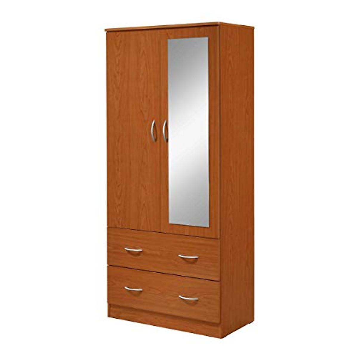 Hodedah Two Door Wardrobe with Two Drawers and Hanging Rod plus Mirror, Cherry