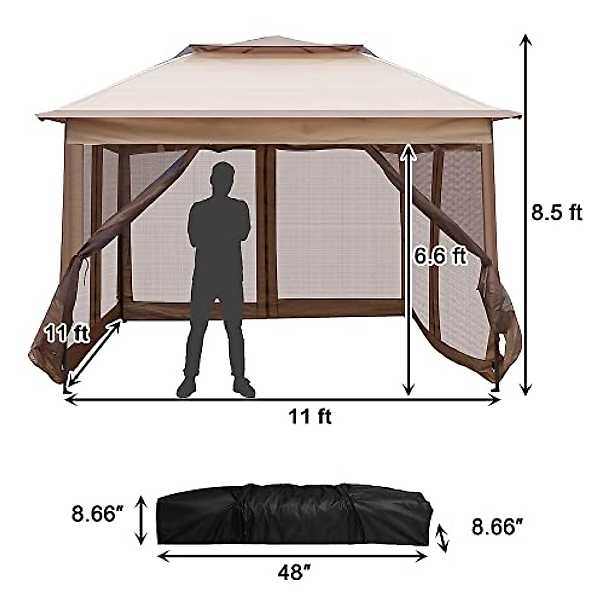 LONABR 11'X11' Pop Up Gazebo with Mosquito Netting Canopy Tent with Sidewalls, Outdoor Canopy Tent for Patio Backyard Garden, Brown