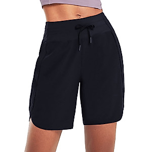 BALEAF Women's 7" Long Running Shorts Athletic Workout Gym Quick Dry Hiking Shorts High Waisted Zipper Pocket Black L