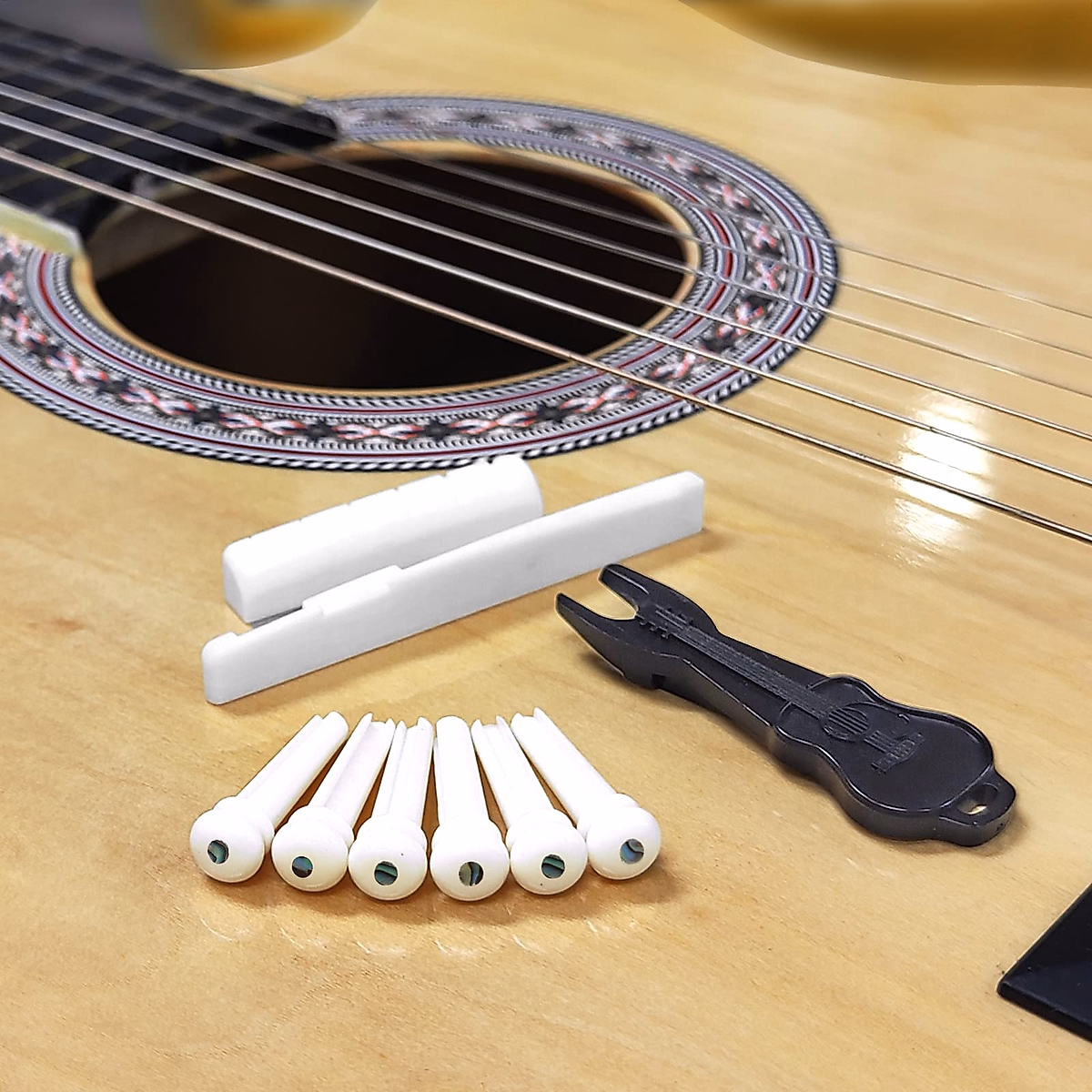 SAPHUE 6 String Acoustic Guitar White Bone Bridge Saddle and Nut & 6 Guitar Bridge Pins Made of Real Bone whith 1 Guitar Pins Puller, for Acoustic Folk Guitar